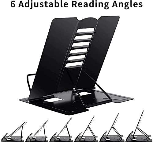 MSDADA Desk Book Stand Metal Reading Rest Book Holder Adjustable Cookbook Documents Holder Portable Sturdy Bookstands for Recipes Textbooks Tablet Music Books with Page Clips (Black)