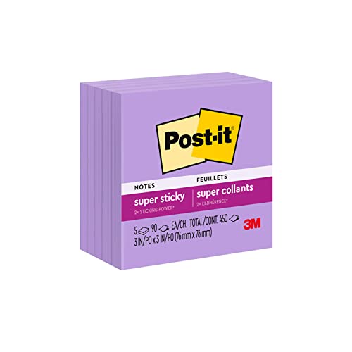 Post-it Super Sticky Notes, 3x3 in, 5 Pads, 2x the Sticking Power, Purple Iris, Recyclable (654-5SSCG)