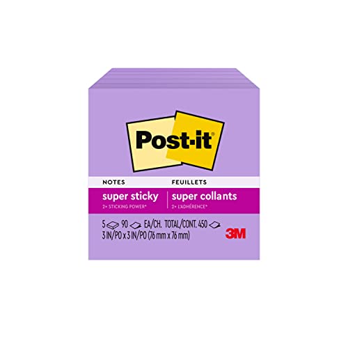 Post-it Super Sticky Notes, 3x3 in, 5 Pads, 2x the Sticking Power, Purple Iris, Recyclable (654-5SSCG)