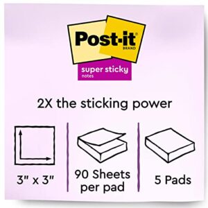 Post-it Super Sticky Notes, 3x3 in, 5 Pads, 2x the Sticking Power, Purple Iris, Recyclable (654-5SSCG)