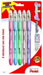 pentel sunburst metallic gel pen, medium line, permanent, assorted ink, 5 pack (k908mbp5m1)