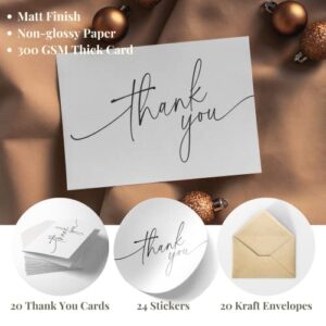 20 Pack Thank You Cards with Kraft Envelopes and Stickers, 4x6 Inch Professional and Minimalistic Looking | Suitable for Business, Baby Shower, Wedding, Graduation, Bridal Shower, Funeral