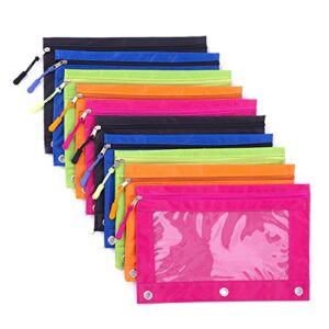 binder pencil pouch with zipper pulls, pencil case with rivet enforced 3 ring, 10 pack 5 colors