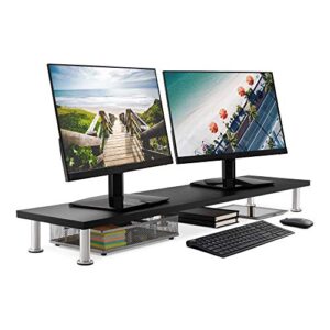 dual monitor stand for 2 monitors, large monitor riser made with solid bamboo, perfect desk shelf organizer for desktop, 42 inch wood platform for computer screens, laptop or tv, black