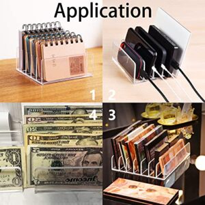 Halyuhn Acrylic Desk Organizer for Sorting Mail, Business Card 2 Pack, 5 Slot Mail Organizer Countertop, Clear Bill Money Divider for Cash Envelope, Acrylic Cell Phone Divider Holder for Charging