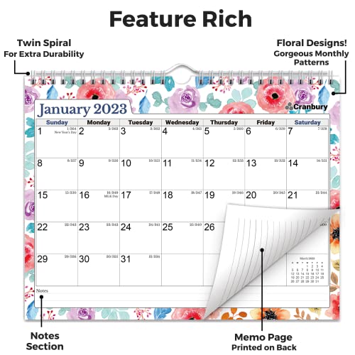 CRANBURY Small Wall Calendar 2023 - (Floral) Use 8.5x11 Calendar 2023 as Desk Calendar or Hanging Calendar 8.5 x 11, Gorgeous Flower Designs, Includes Stickers