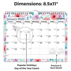 CRANBURY Small Wall Calendar 2023 - (Floral) Use 8.5x11 Calendar 2023 as Desk Calendar or Hanging Calendar 8.5 x 11, Gorgeous Flower Designs, Includes Stickers