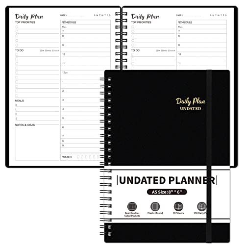 Undated Daily Planner - A5 Undated Planner Hourly Planner To Do List Notebook Spiral Appointment Planner, PVC Hardcover, Elastic Closure, Inner Pocket, 8.2” x 5.9”, Black