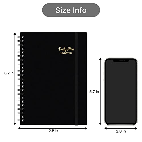 Undated Daily Planner - A5 Undated Planner Hourly Planner To Do List Notebook Spiral Appointment Planner, PVC Hardcover, Elastic Closure, Inner Pocket, 8.2” x 5.9”, Black