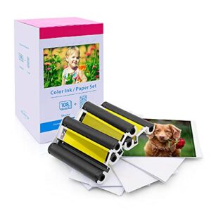 compatible canon selphy cp1300 ink and paper kp-108in kp108 3 color ink cartridges and 108 sheets 4×6 photo paper glossy for canon selphy cp1300, cp1200, cp1000, cp910, cp900 compact photo printers