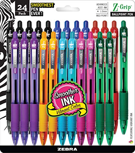 Zebra Pen Z-Grip Retractable Ballpoint Pen, Medium Point, 1.0mm, Assorted Fashion Colors - 24 Pieces (Packaging may vary)