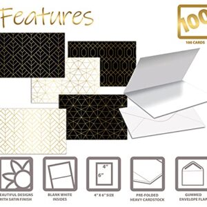 Better Office Products 100-Pack All Occasion Greeting Cards, Assorted Blank Note Cards, 4 x 6 inch, 6 Elegant Gold Foil Geometric Designs, Blank Inside, with Envelopes, 100 Pack