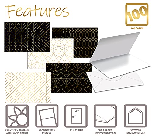 Better Office Products 100-Pack All Occasion Greeting Cards, Assorted Blank Note Cards, 4 x 6 inch, 6 Elegant Gold Foil Geometric Designs, Blank Inside, with Envelopes, 100 Pack