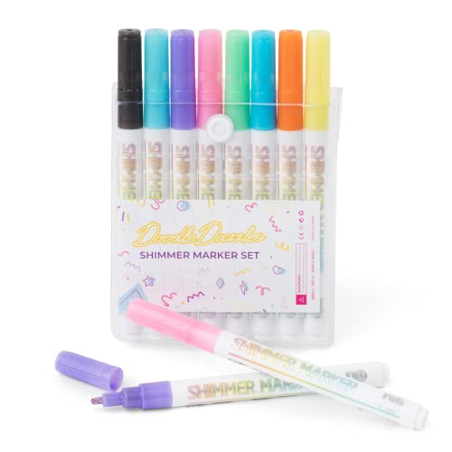 DoodleDazzles Shimmer Markers - Double Line Outliner Markers - Metallic Pens - Shimmer Outline Markers For Art, Drawing, Writing, Christmas, Greeting Cards, DIY, Scrapbook, Crafts - 8ct