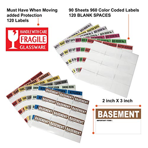 1080 Large Moving Labels -960 Color Coded, 120 Blanks, 90 Sheets –12 Labels Par Sheet- with Fragile Stickers |2" x 3" Size| !Moving Boxes ONLY! Supplies with Blank Space (2x3 Home Moving)