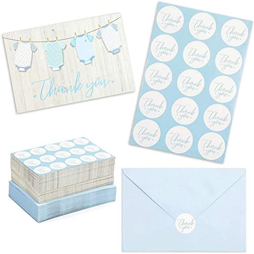 Pipilo Press 60 Pack Boy Baby Shower Thank You Cards with Blue Envelopes, Cute Stickers, Blank Inside (6 x 4 In)