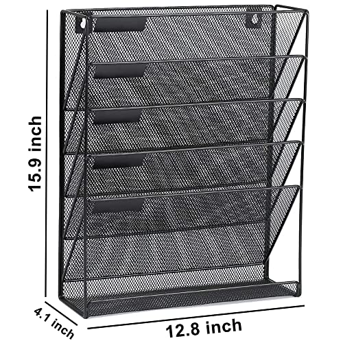 GDinDinFan Wall File Organizer Holder Mesh Hanging Paper Document Holder,Vertical 5 Pocket Tier for Office Home, Black