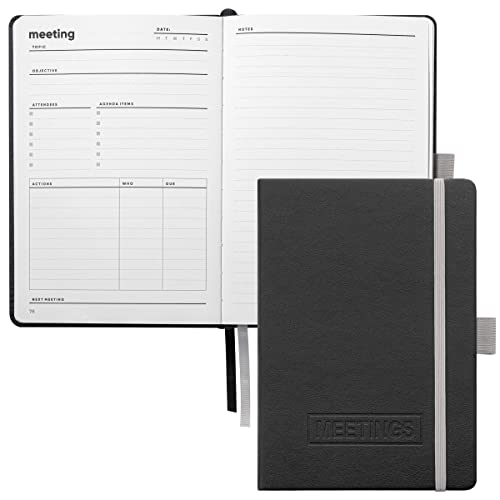 HUSTLE Co. Meeting Notebook for Work with Action Items Clever Hardcover Journal for More Productive Meetings - Index, 160 Pages, 100gsm Paper, Lays Flat, Pen Holder - Business, Work, Professional