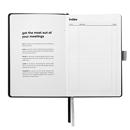 HUSTLE Co. Meeting Notebook for Work with Action Items Clever Hardcover Journal for More Productive Meetings - Index, 160 Pages, 100gsm Paper, Lays Flat, Pen Holder - Business, Work, Professional