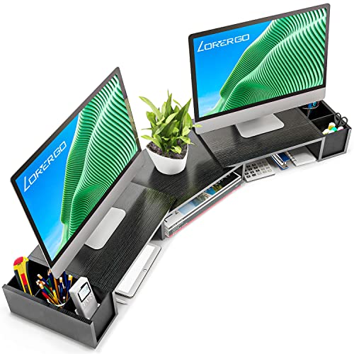 LORYERGO Dual Monitor Stand Riser, Laptop Stand with Storage Accessories Slots, Length and Angle Adjustable Computer Stand, Desktop Stand with Storage Organizer for Computer, Laptop, Printer