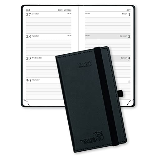 POPRUN Pocket Calendar 2023 Planner Weekly and Monthly for Purse - Agenda 2023 with Vegan Leather Hard Cover, Elastic Closure, Pen Holder and More, 3.5" x 6.5", Black