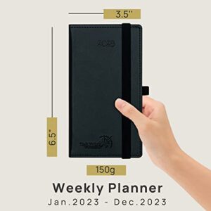 POPRUN Pocket Calendar 2023 Planner Weekly and Monthly for Purse - Agenda 2023 with Vegan Leather Hard Cover, Elastic Closure, Pen Holder and More, 3.5" x 6.5", Black