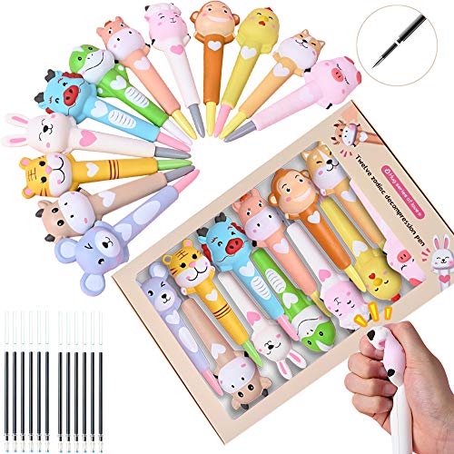 LemoHome Cute Pens squishy pens gel ink Animals Pens cute stationary Kawaii Pens Decompression Stress Relief Sponge Pens Set For Students Kids With Replacement Refills (Black)