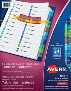 avery double column 24 tab dividers for 3 ring binders, customizable table of contents, multicolor tabs, 1 set (11321)