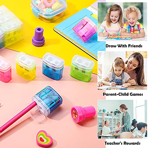 48 Pieces Pencil Sharpeners Manual Double Hole Pencil Sharpener with Lid Hand for School Office Home, Handheld Plastic Crayon Sharpener,Colourful Birthday Favor,Christmas Child Stocking