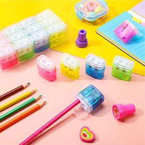 48 Pieces Pencil Sharpeners Manual Double Hole Pencil Sharpener with Lid Hand for School Office Home, Handheld Plastic Crayon Sharpener,Colourful Birthday Favor,Christmas Child Stocking