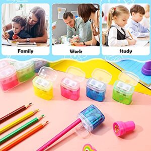 48 Pieces Pencil Sharpeners Manual Double Hole Pencil Sharpener with Lid Hand for School Office Home, Handheld Plastic Crayon Sharpener,Colourful Birthday Favor,Christmas Child Stocking