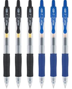 pilot g2 pens retractable gel roller ballpoint 0.38 pt black & blue bundle, (pack of 6)