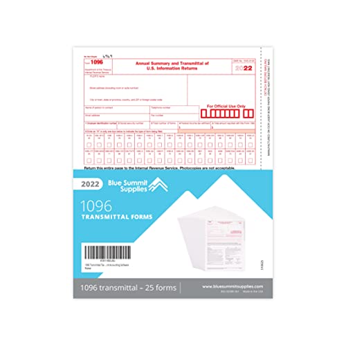 1096 Transmittal 2022 Tax Forms, 25 Pack of 1096 Summary Laser Forms, Compatible with QuickBooks and Accounting Software