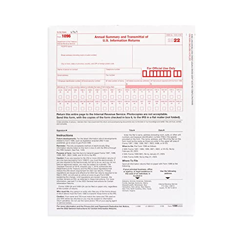 1096 Transmittal 2022 Tax Forms, 25 Pack of 1096 Summary Laser Forms, Compatible with QuickBooks and Accounting Software