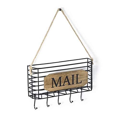 SRIWATANA Mail Organizer Wall Mount, Rustic Mail Holder Key Holder for Wall with Hooks, Small Size, Carbonized Black