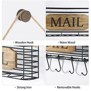 SRIWATANA Mail Organizer Wall Mount, Rustic Mail Holder Key Holder for Wall with Hooks, Small Size, Carbonized Black