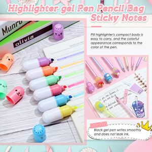 228 Pcs Kawaii Stationary Set Include Telescopic Boba Pencil Pouch Case Bag Gel Ink Pen Sticky Note Bubble Tea Sticker Pill Highlighter Stationary Cute School Supplies for Christmas Gift Kids (Vivid)