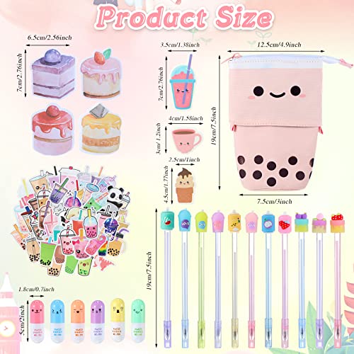 228 Pcs Kawaii Stationary Set Include Telescopic Boba Pencil Pouch Case Bag Gel Ink Pen Sticky Note Bubble Tea Sticker Pill Highlighter Stationary Cute School Supplies for Christmas Gift Kids (Vivid)