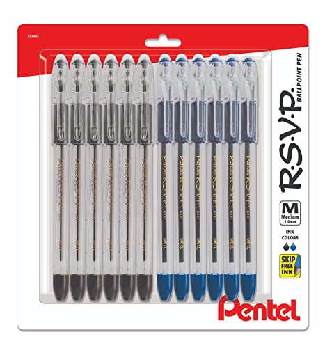 Pentel RSVP medium point pens - ballpoint - 1.0mm - 12 Pack Of 6 Blue And 6 Black Ink Pens