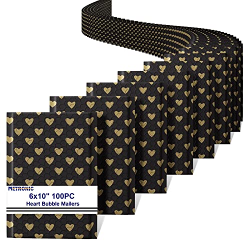 Metronic Bubble Mailers 6x10 Inch 100 Pack , Gold Heart Poly Bubble Mailers,Cute Padded Envelopes Self-Seal, Waterproof, Cushioning for Small Items,Jewelry Makeup Supplies, Shipping,Packaging Bulk#0