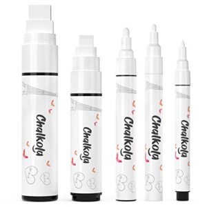 chalkola 5 white chalk markers for chalkboard signs, blackboard, car window, bistro, glass | 5 variety pack – thin, fine tip, bold & jumbo size erasable liquid chalk pens (1mm, 3mm, 6mm, 10mm, 15mm)