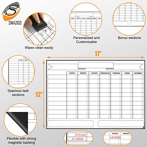 Magnetic Chore Chart for Kids Teens and Adults 12 x 17 Inches - Dry Erase Whiteboard Reward Chart for Multiple Kids with 5 Markers and Eraser - Daily Responsibility Planner Schedule Board for Kids