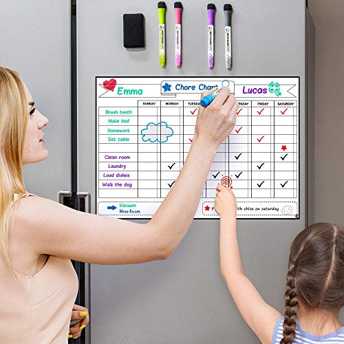 Magnetic Chore Chart for Kids Teens and Adults 12 x 17 Inches - Dry Erase Whiteboard Reward Chart for Multiple Kids with 5 Markers and Eraser - Daily Responsibility Planner Schedule Board for Kids