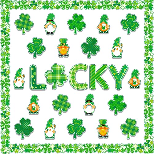 Kepeel 95 Pieces St. Patrick's Day Shamrocks Cutouts Bulletin Board Decorations, St. Patrick’s Lucky Gnome Paper Cutouts Bulletin Trim Board Border Stickers for Holiday Classroom School Supplies