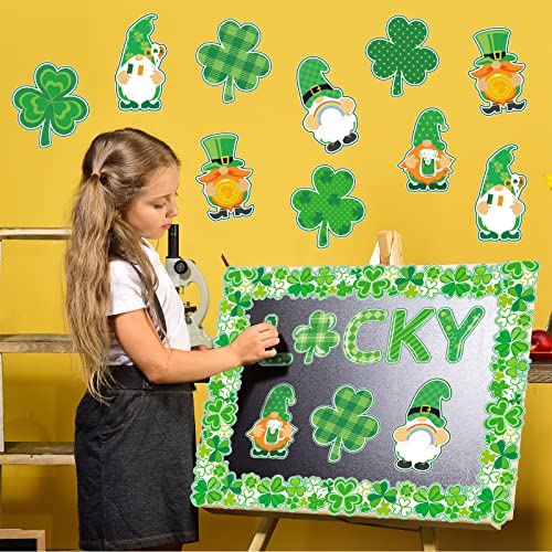 Kepeel 95 Pieces St. Patrick's Day Shamrocks Cutouts Bulletin Board Decorations, St. Patrick’s Lucky Gnome Paper Cutouts Bulletin Trim Board Border Stickers for Holiday Classroom School Supplies