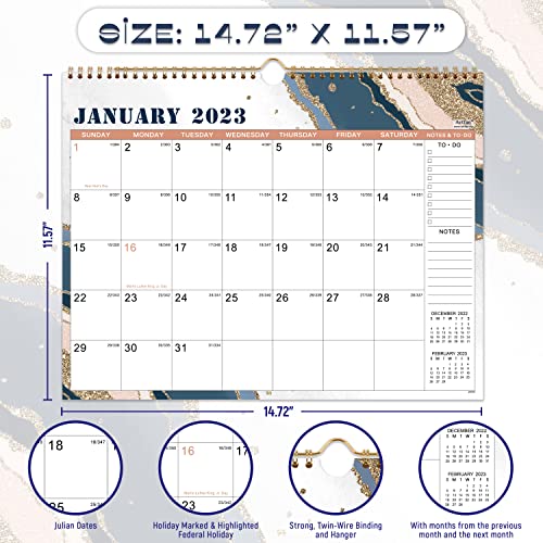 2023-2024 Calendar - 18 Monthly Calendar with Thick Paper, 14.6" x 11.5", Jan. 2023 - Jun. 2024, Twin-Wire Binding + Hanging Hook + Unruled Blocks with Julian Date, Horizontal - Pink