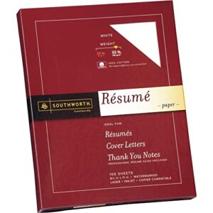 Southworth® 100% Cotton Résumé Paper, 8 1/2" x 11", 32 Lb, 100% Recycled, White, Pack Of 100