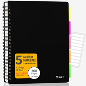 sunee 5 subject notebook college ruled – 300 pages, 8.2″x10.8″, spiral lined notebook with 5 pocket colored dividers, 3-hole punched paper, black notebooks for school supplies, home & office, writing journal