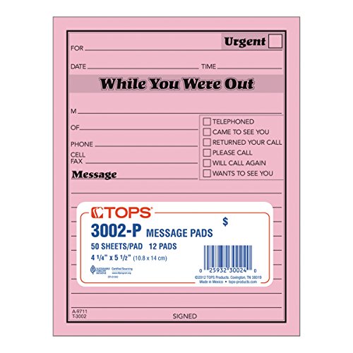 TOPS While You Were Out One-Sided Note Pads, 4.25 x 5.5 Inches, Pink, 50 Sheets per Pad, 12 Pads per Pack (3002P)