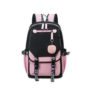 backpacks for teen girls with usb port,black cute backpack can hold 15.6in notebook,tablets.girls backpack can be used as gift for students or friends(black+pink)